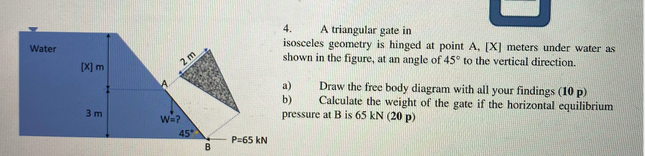 Solved 4. A triangular gate in isosceles geometry is hinged | Chegg.com