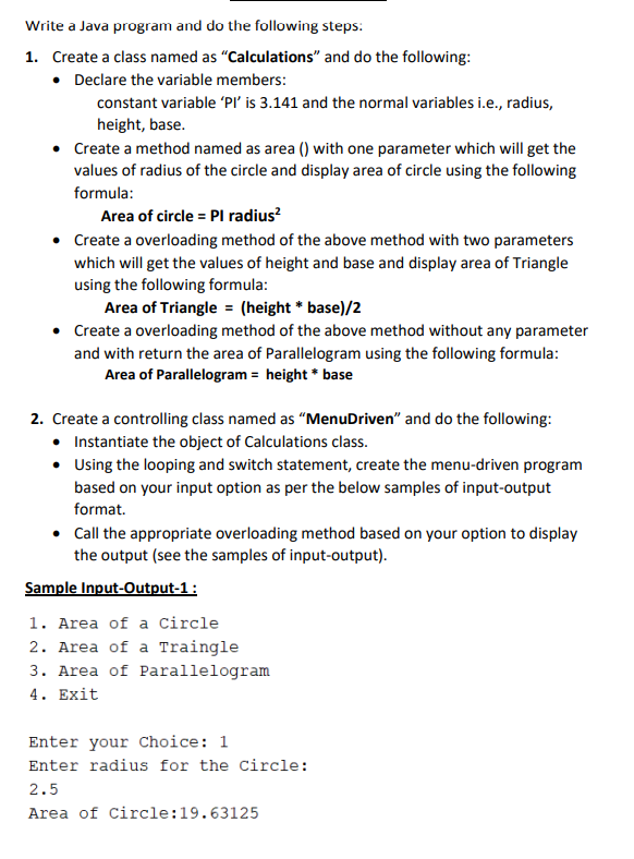 Solved sample input-output-2: 1. Area of a Circle 2. Area | Chegg.com