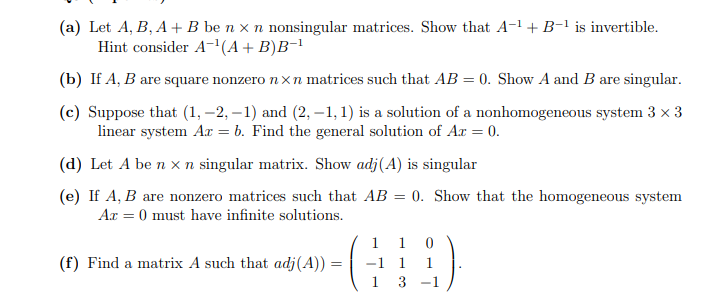 Solved (a) Let A, B, A+B ben x n nonsingular matrices. Show | Chegg.com