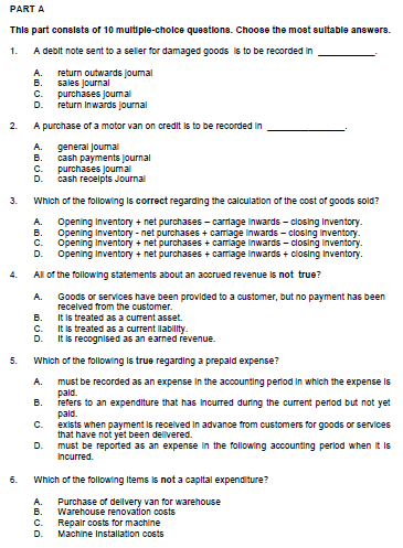 Solved PART AThis part consists of 10 ﻿multiple-cholce | Chegg.com