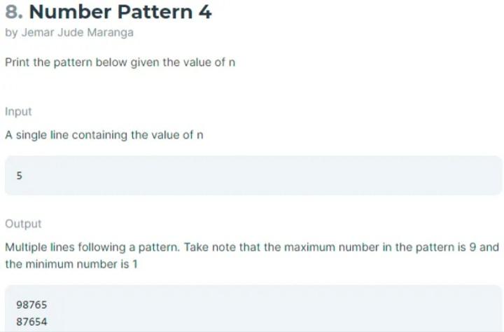 Solved 8. Number Pattern 4 by Jemar Jude Maranga Print the | Chegg.com