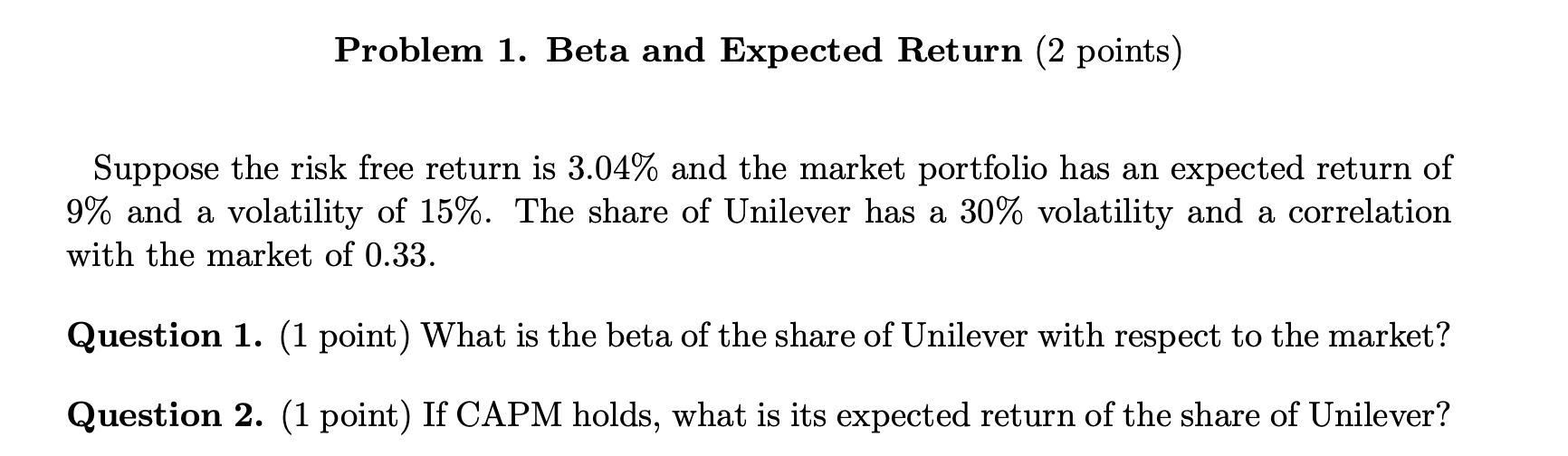 Solved Problem 1. Beta and Expected Return (2 points) | Chegg.com