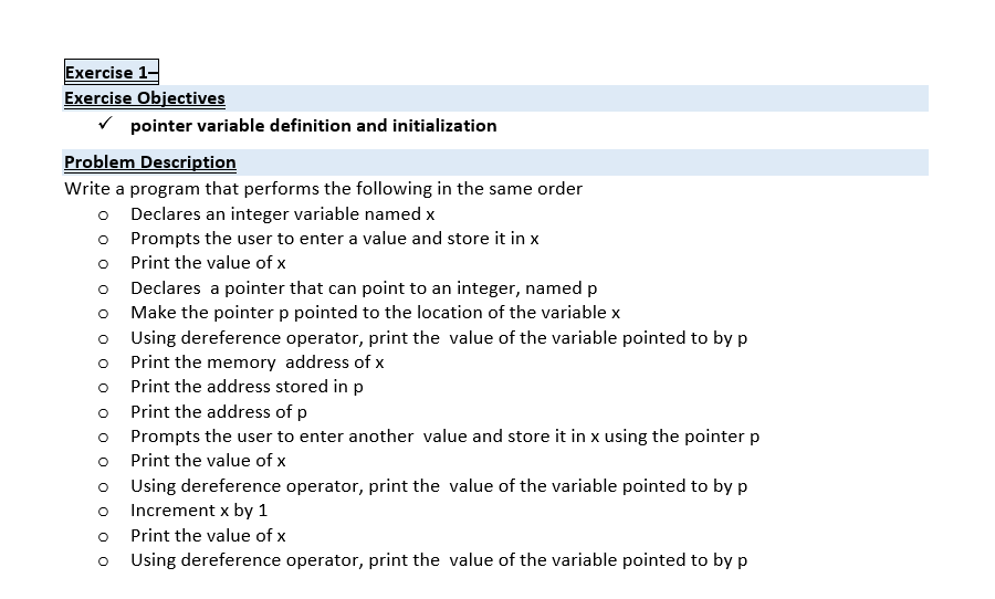 Solved O o Exercise 1 Exercise Objectives pointer variable | Chegg.com