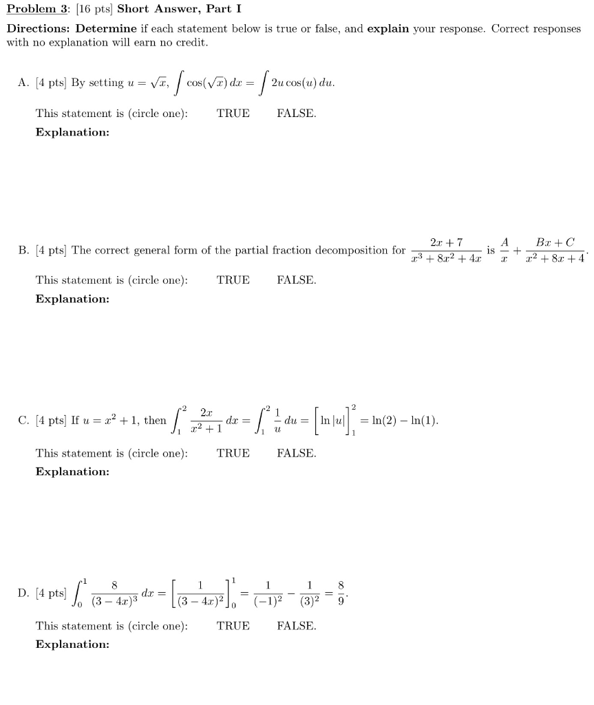 Solved Problem 3: (16 pts) Short Answer, Part I Directions: | Chegg.com