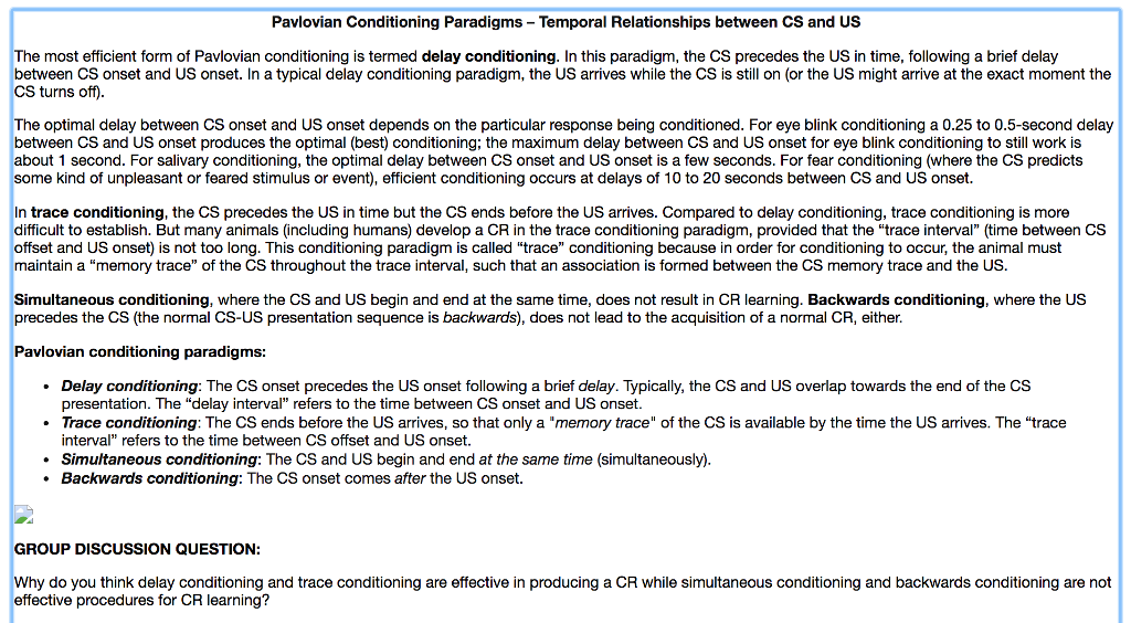 Solved Pavlovian Conditioning Paradigms- Temporal | Chegg.com