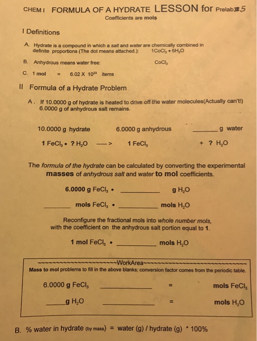 Solved CHEMI FORMULA OF A HYDRATE LESSON for Prelabs 5 | Chegg.com