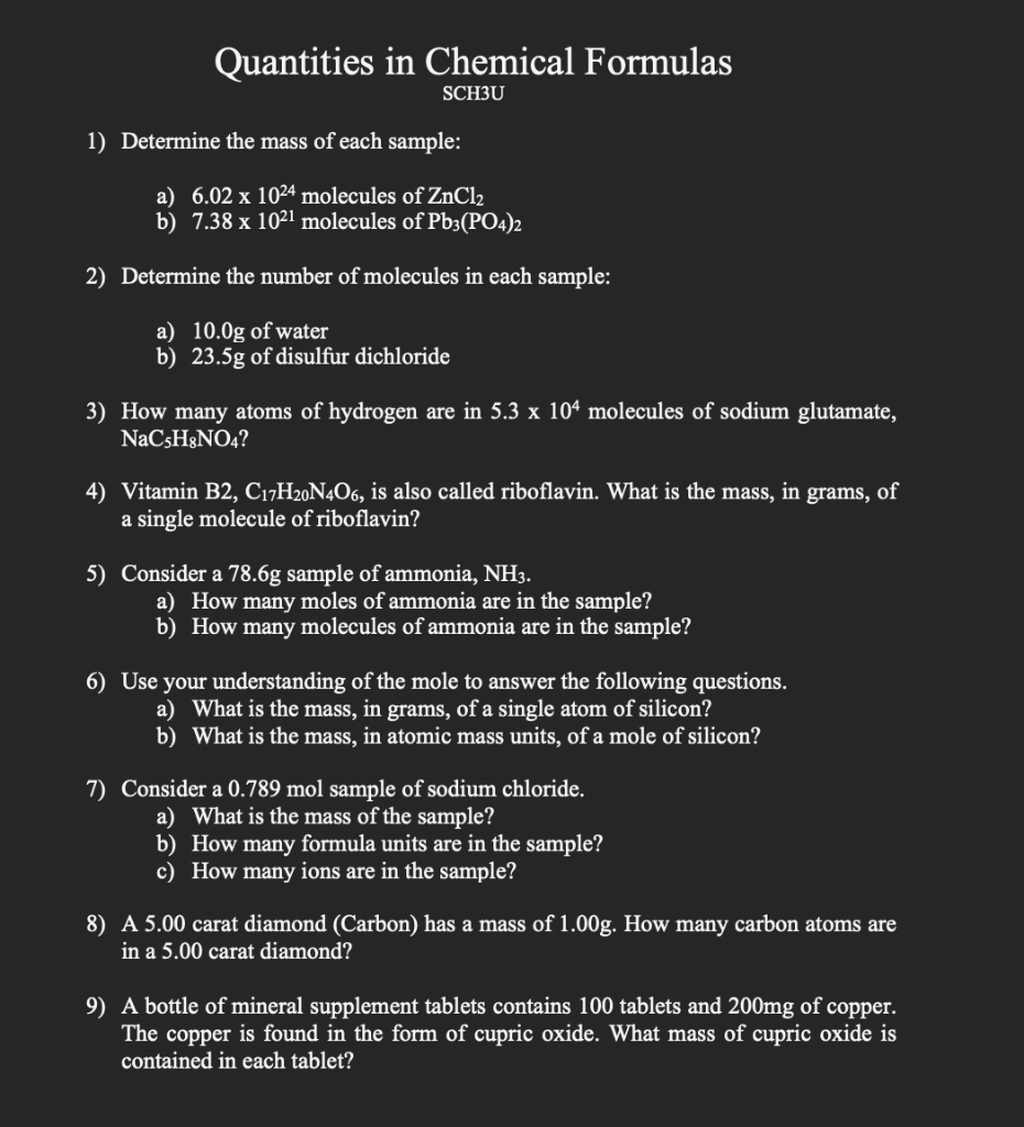 Solved Quantities in Chemical Formulas SCH3U 1) Determine | Chegg.com