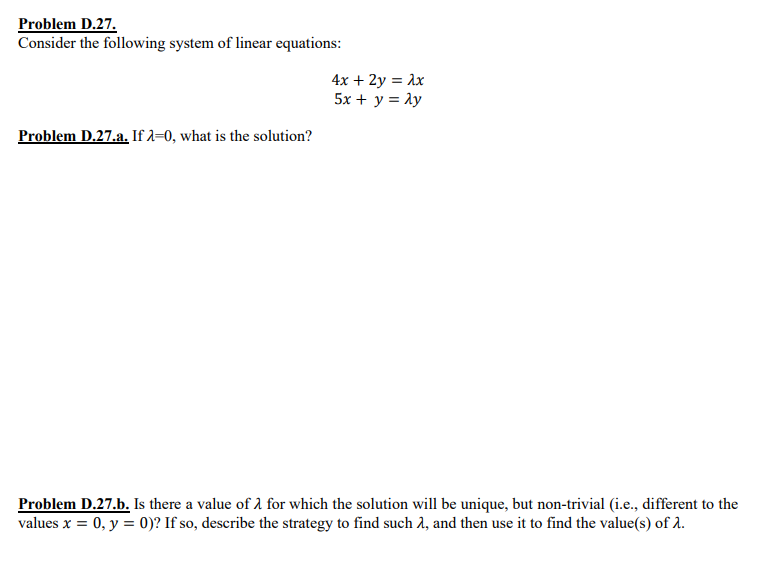 Solved Problem D.27. Consider the following system of linear | Chegg.com