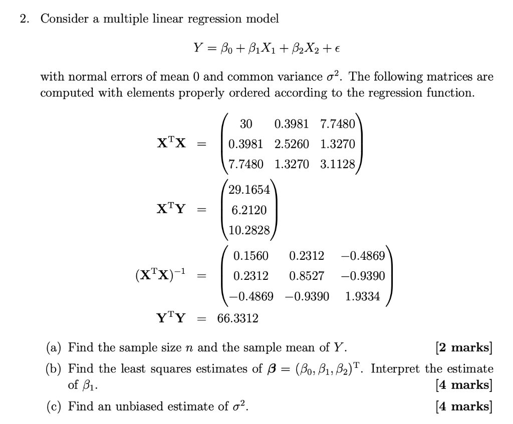 Solved 2 Consider A Multiple Linear Regression Model Y Bo 