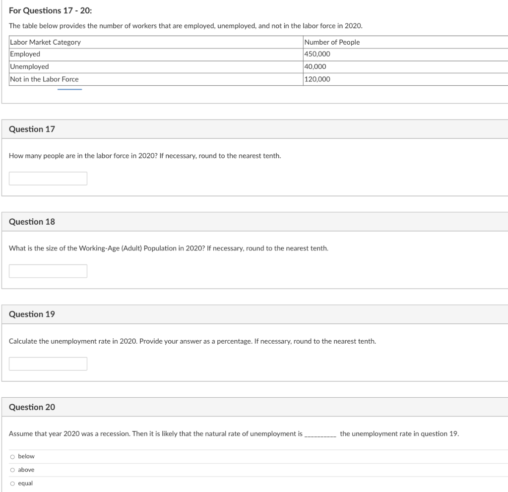 Solved For Questions 17 - 20: The table below provides the | Chegg.com
