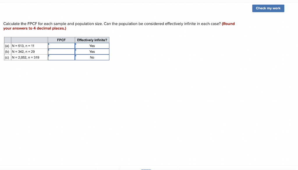 Solved Check my work Calculate the FPCF for each sample and | Chegg.com