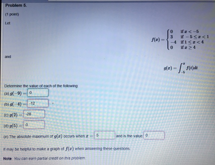 Solved Problem 5 (1 point) Let (0 ifz-5 if-5 | Chegg.com