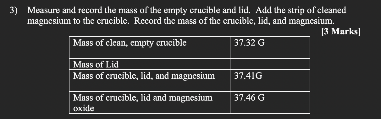 Solved 3) Measure and record the mass of the empty crucible | Chegg.com