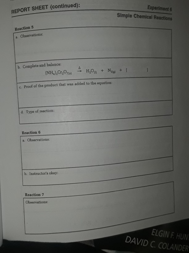 Solved Experiment REPORT SHEET (continued): Simple Chemical | Chegg.com