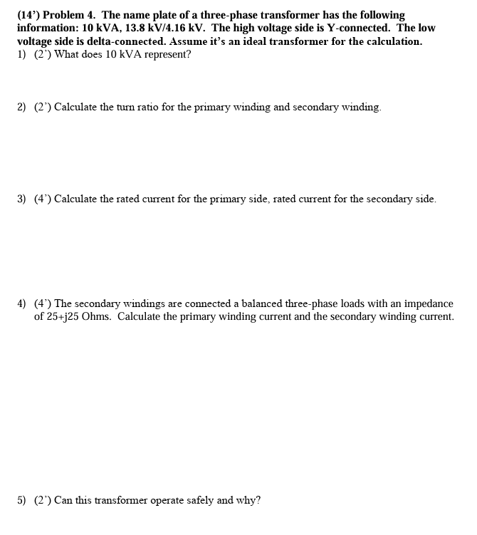 Solved (14') Problem 4. The name plate of a three-phase | Chegg.com