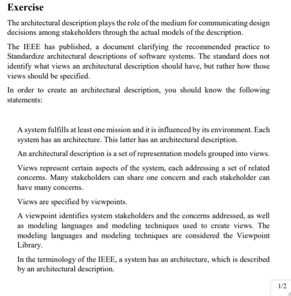 Exercise The architectural description plays the role | Chegg.com