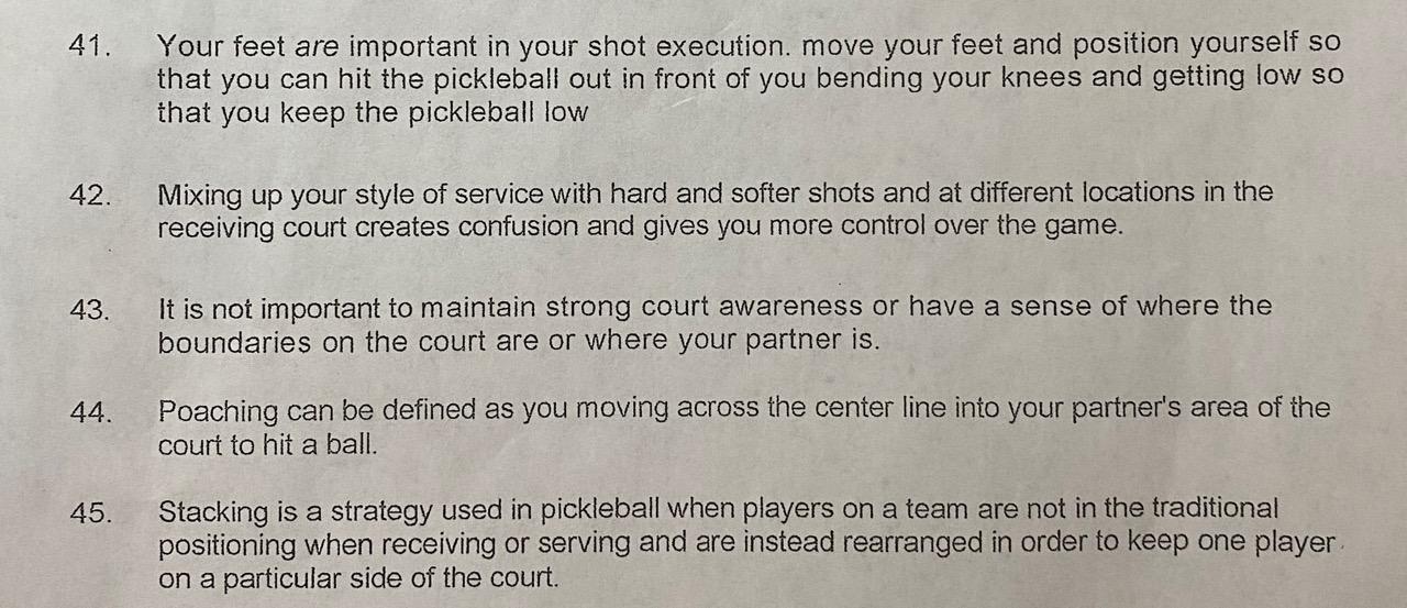 Pickleball True&Fasle Questions Pickleball | Chegg.com