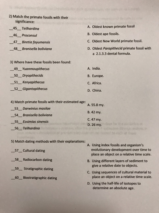 Solved 2) Match the primate fossils with their significance | Chegg.com