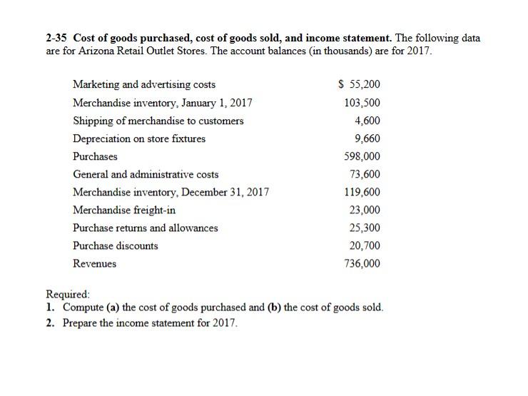 Solved 2-35 Cost of goods purchased, cost of goods sold, and | Chegg.com