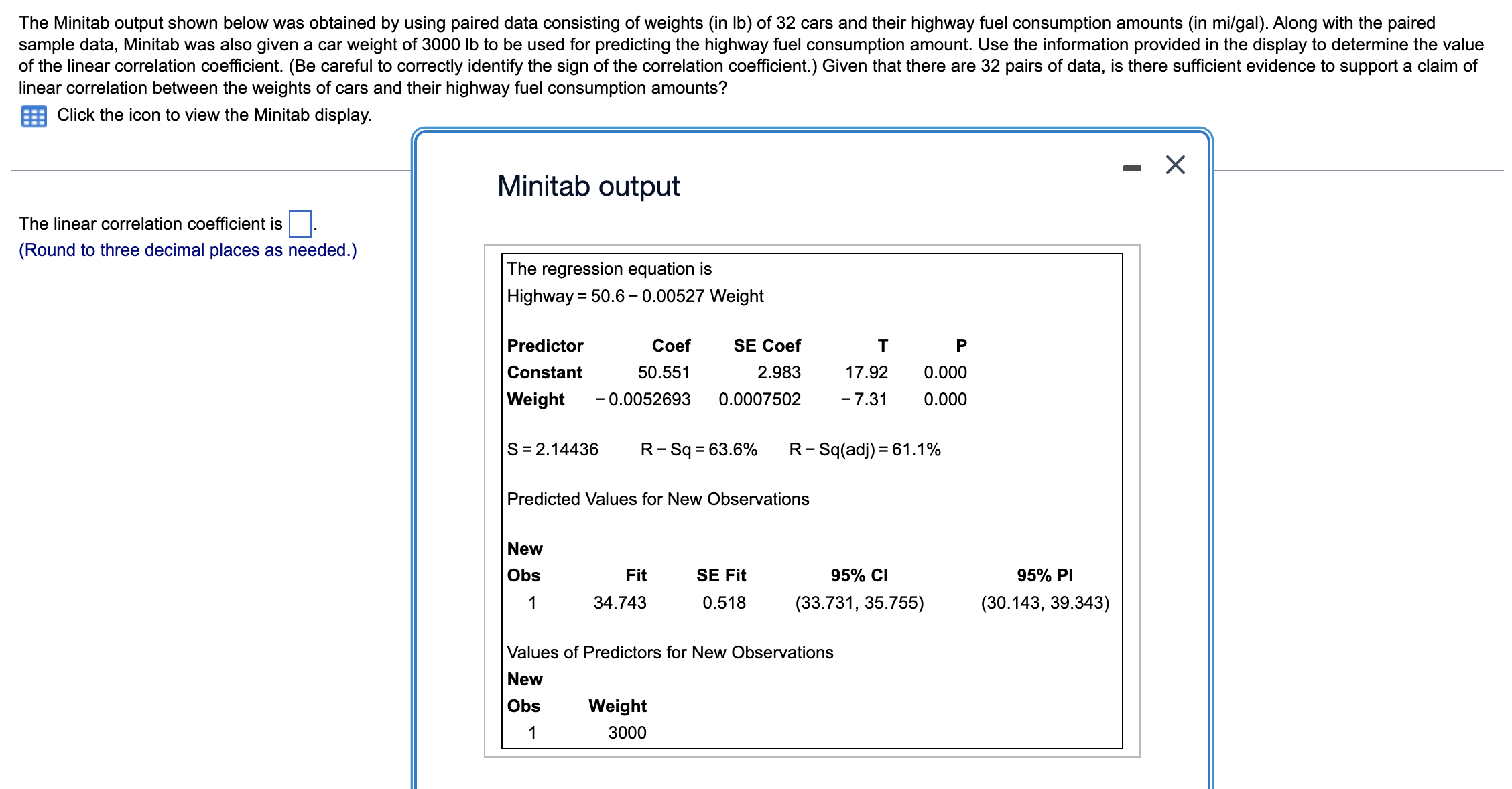 Solved The Minitab output shown below was obtained by using | Chegg.com