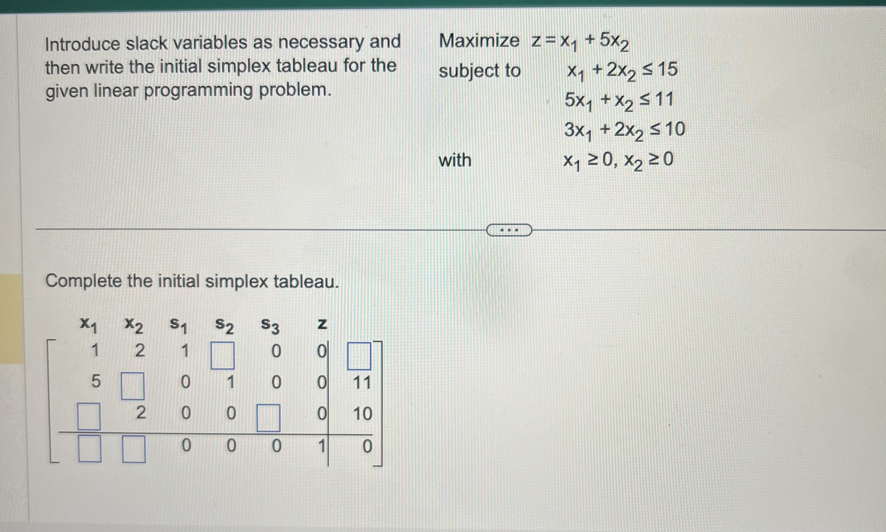 Solved Complete The Initial Simplex Tableau