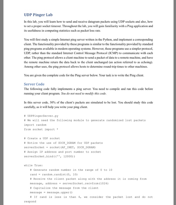Solved UDP Pinger Lab In this lab, you will learn how to | Chegg.com