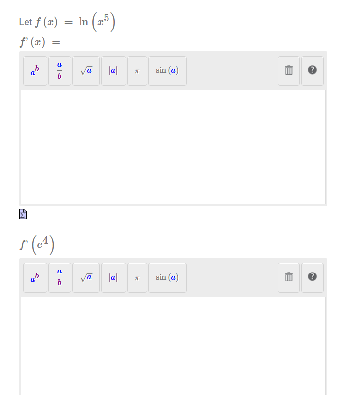 Solved Let f(x)=ln(x5) f′(x)= E f′(e4)=Find the derivative | Chegg.com