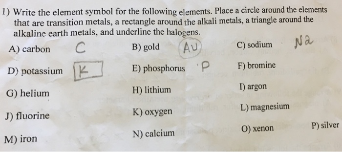 Solved Write the element symbol for the following elements. | Chegg.com