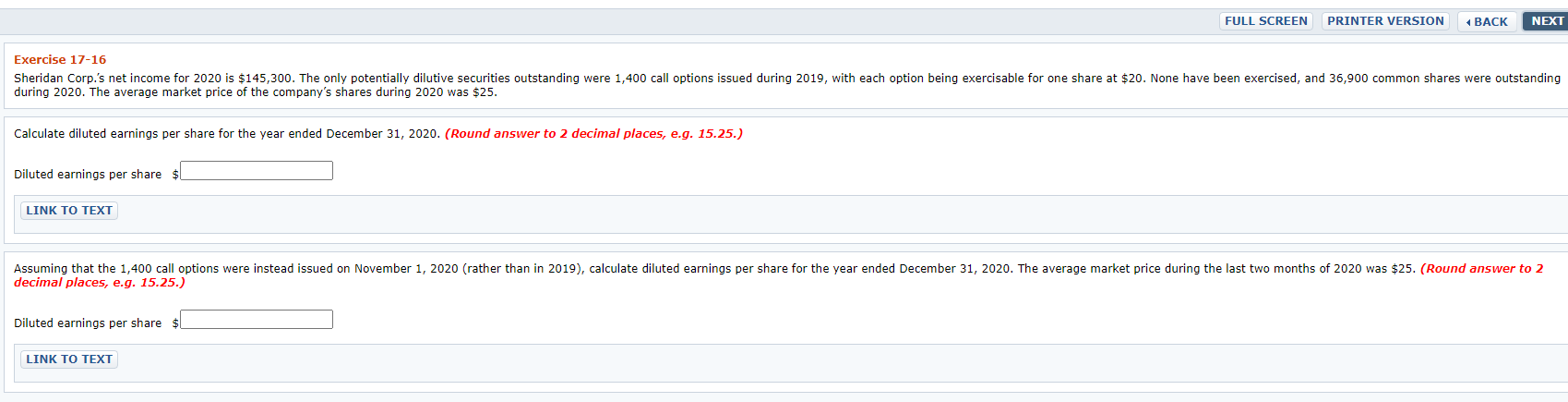Solved FULL SCREEN PRINTER VERSION BACK NEXT Exercise 17-16 | Chegg.com