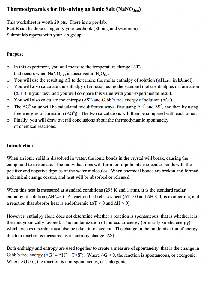 Solved Thermodynamics for Dissolving an Ionic Salt (NaNO3()) | Chegg.com