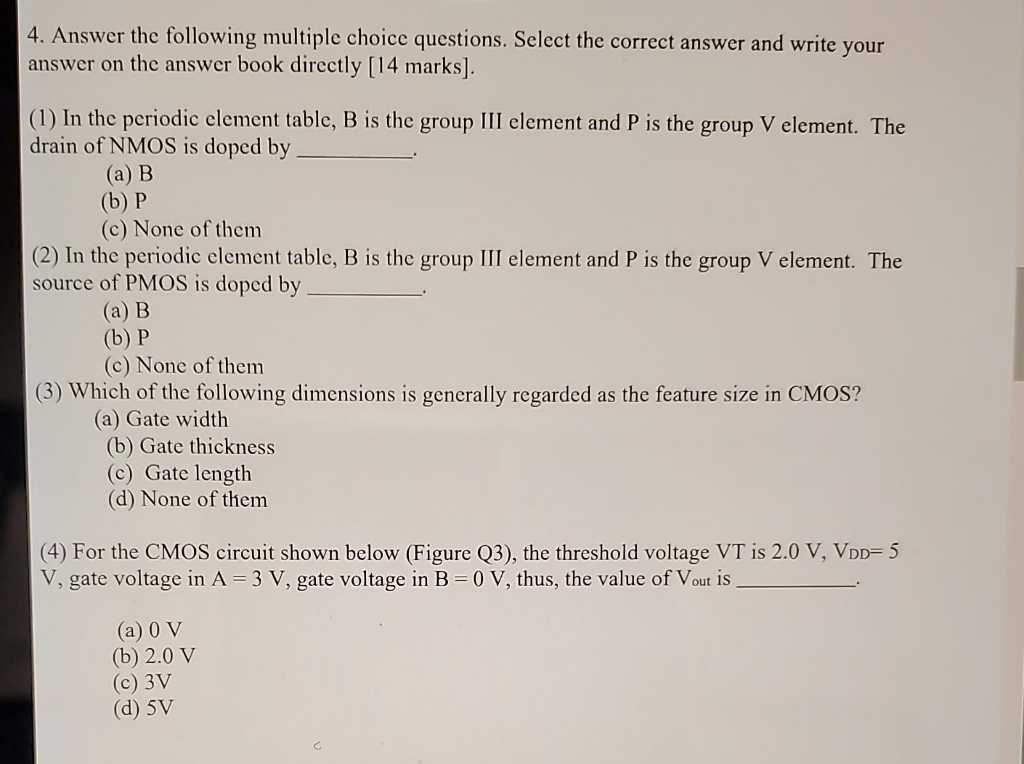 Solved 4 Answer The Following Multiple Choice Questions