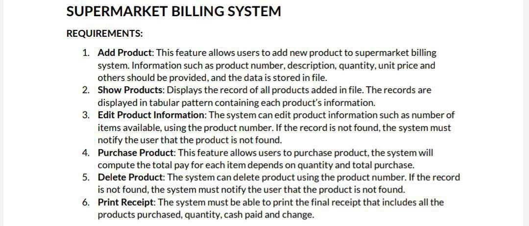 Solved Create a supermarket billing system project in C | Chegg.com