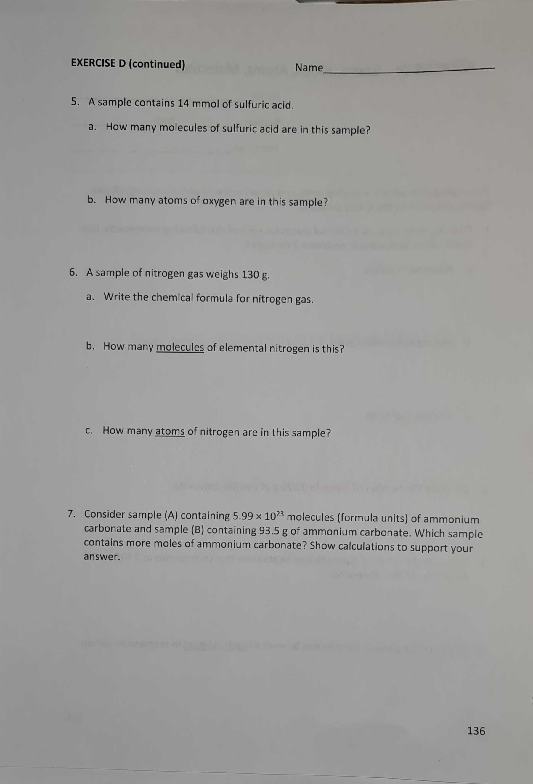 Solved EXERCISE D: Grams, Moles, Atoms, Molecules Name | Chegg.com