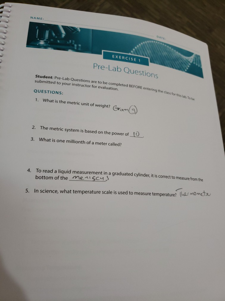 Solved NAME: DATE EXERCISE 1 Pre-Lab Questions Student: | Chegg.com