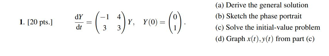 Solved 1. [20 pts.] dY dt Y, Y(0) = (a) Derive the general | Chegg.com