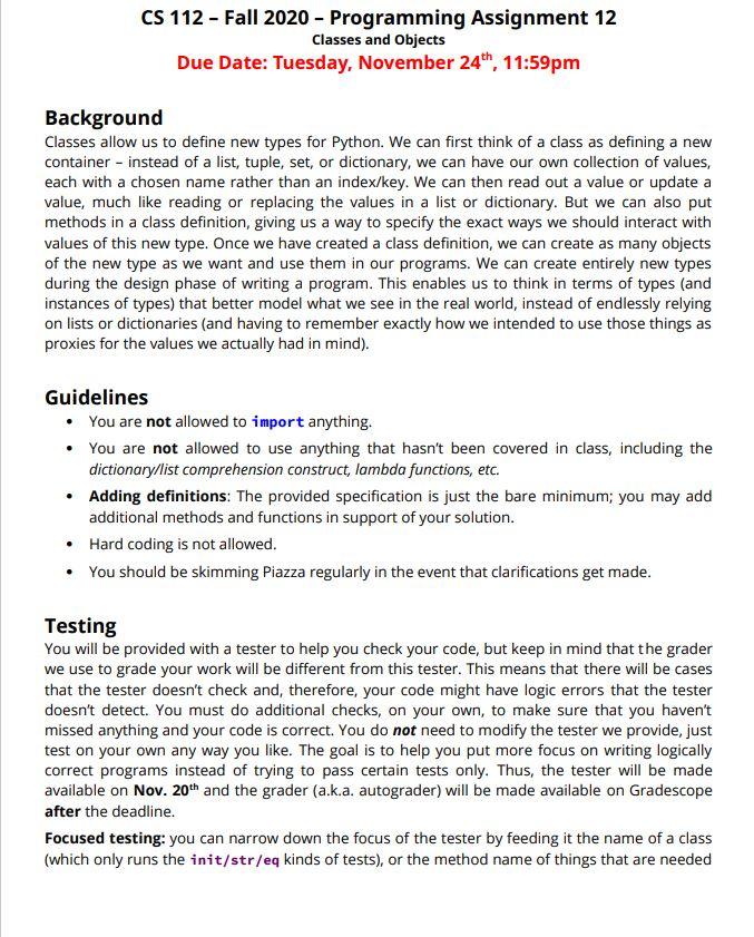 CS 112 - Fall 2020 - Programming Assignment 12 | Chegg.com