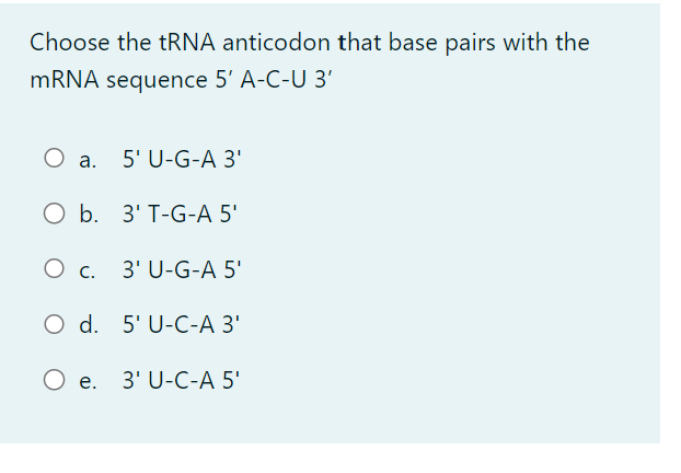 Solved Choose the tRNA anticodon that base pairs with the | Chegg.com