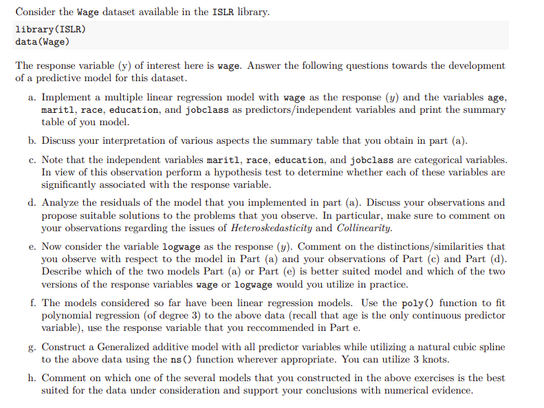 Solved Consider the Wage dataset available in the ISLR | Chegg.com