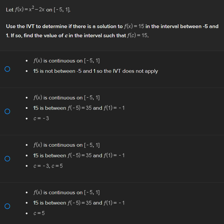 Solved Let f(x)=x2−2x on [−5,1] Use the IVT to determine if | Chegg.com
