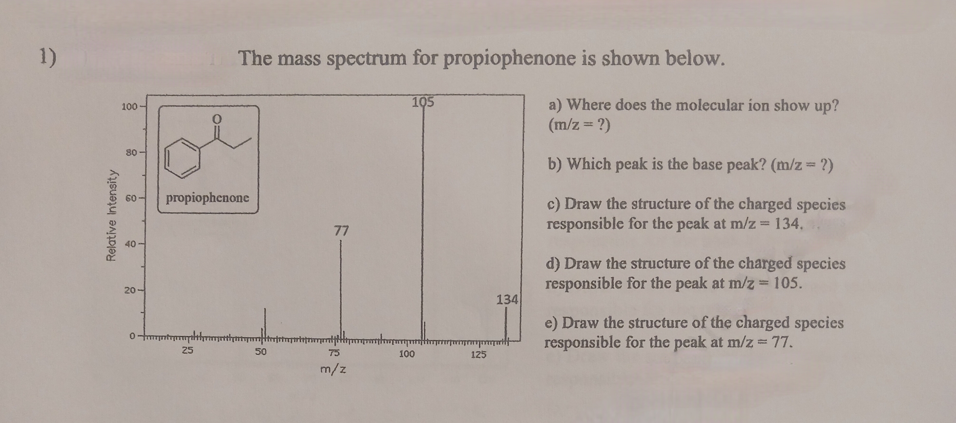 Solved The mass spectrum for propiophenone is shown below.a) | Chegg.com