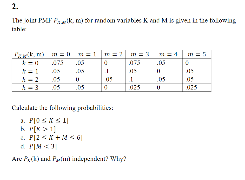Solved 2. The joint PMF Pk,m(k, m) for random variables K | Chegg.com