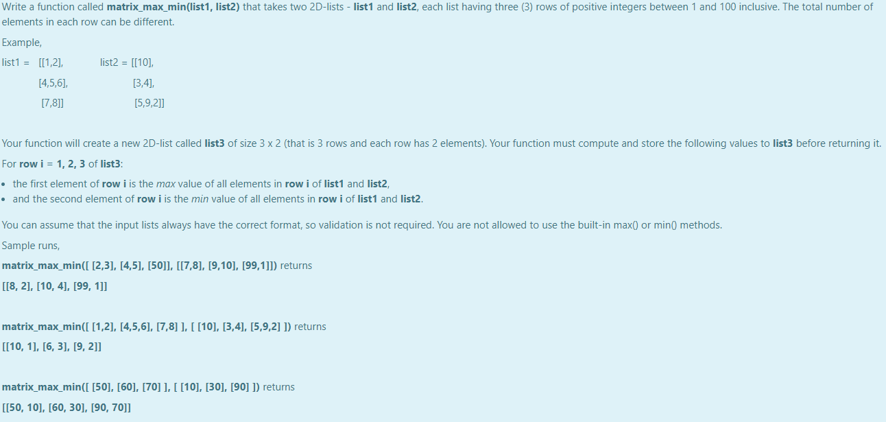Solved Write A Function Called Matrixmaxminlist1 List2 5299