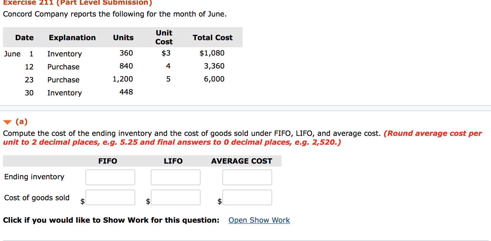 Solved Exercise 211 (Part Level Submission) Concord Company | Chegg.com