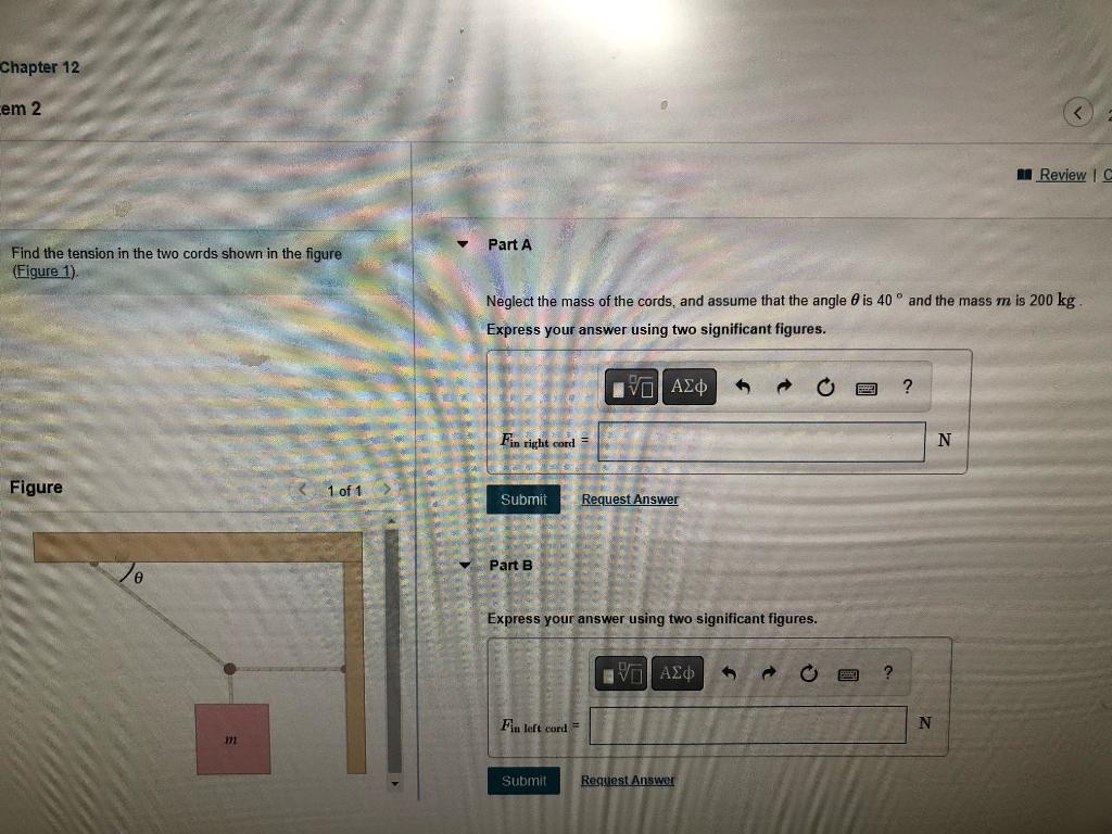 Solved Find the tension in the two cords shown in the figure | Chegg.com