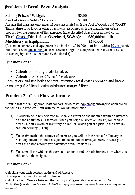 Solved ANSWER QUESTION SET #2! Break Even Analysis | Chegg.com