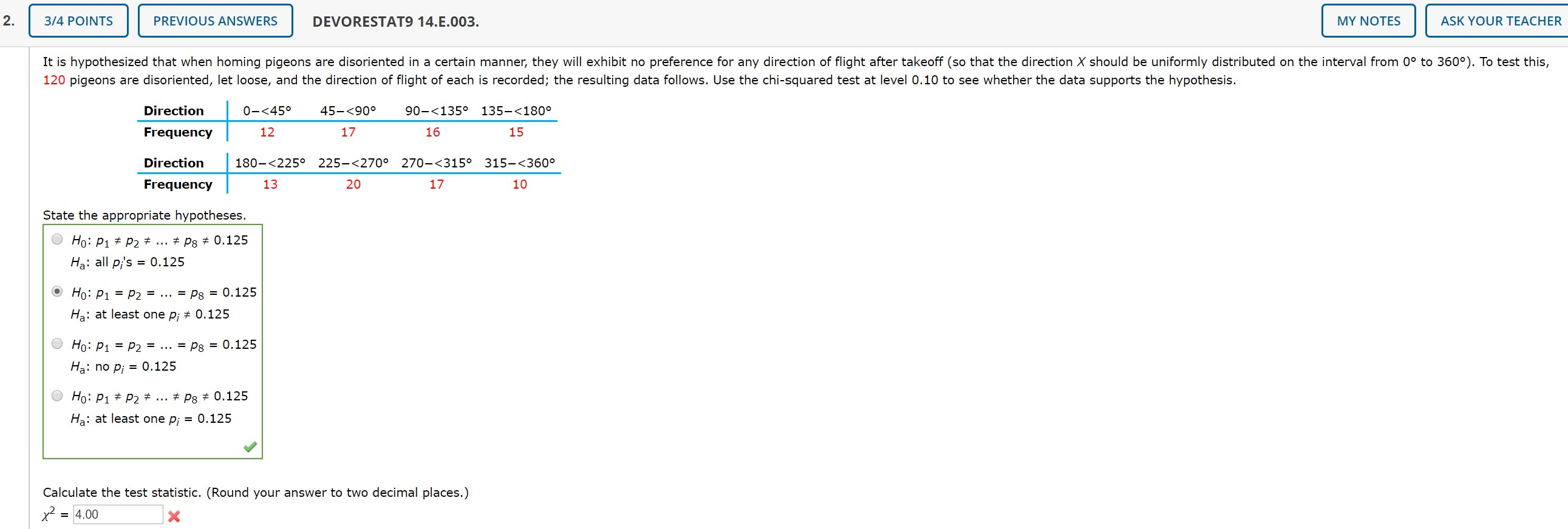 Solved 3/4 POINTS PREVIOUS ANSWERS DEVORESTAT9 14.E.003. MY | Chegg.com