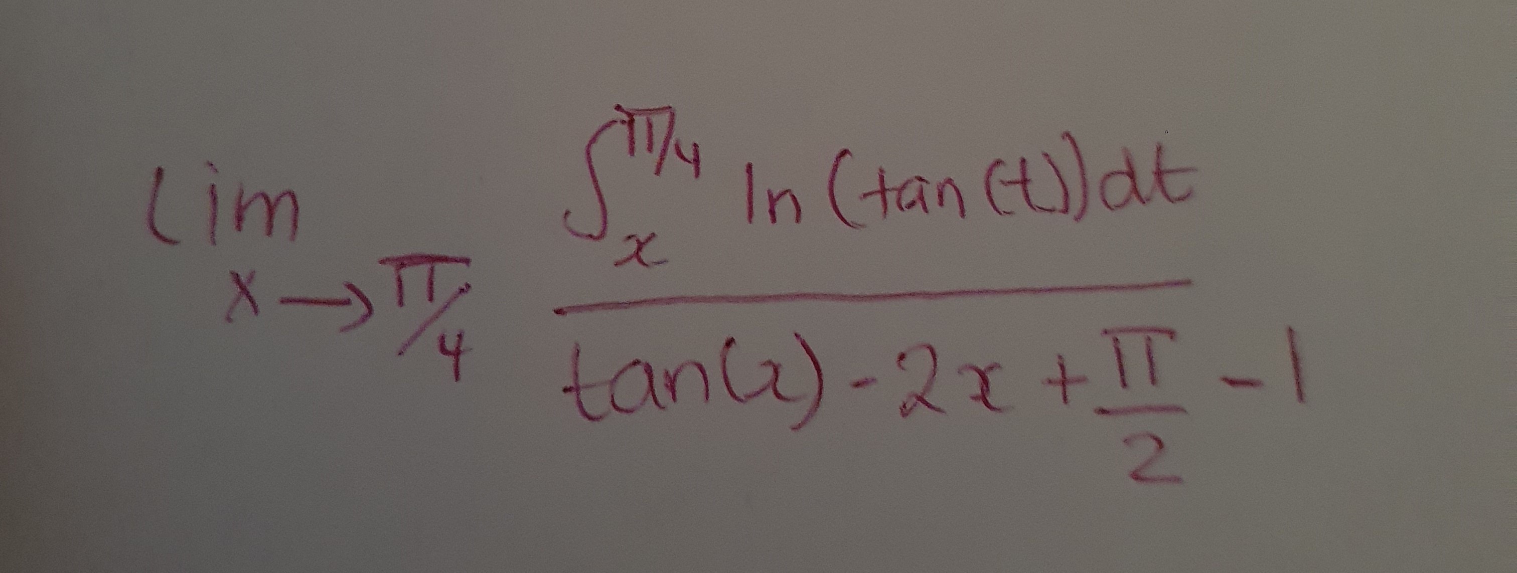 Solved limx→π/4tan(x)−2x+2π−1∫xπ/4ln(tan(t))dt | Chegg.com