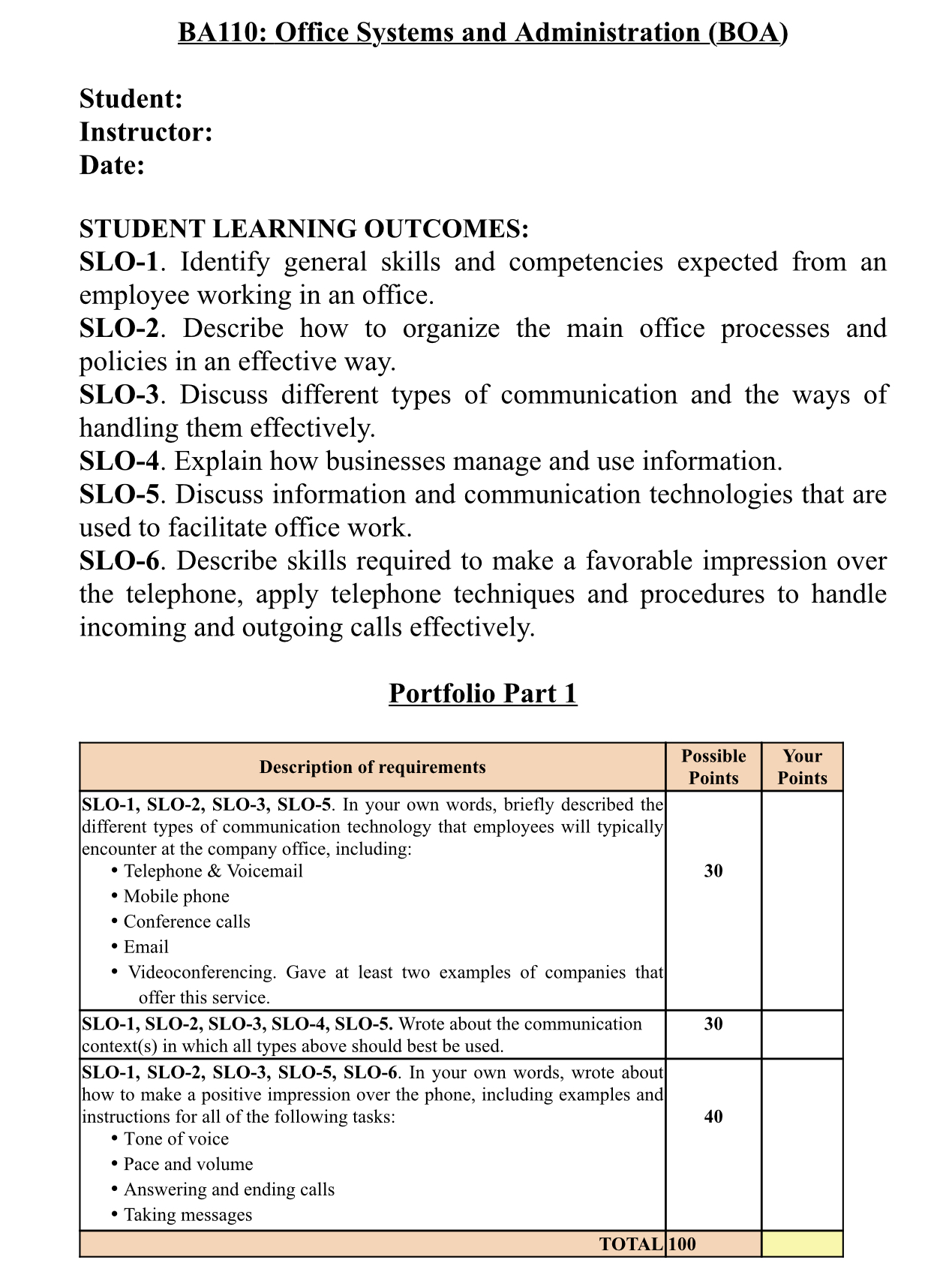 Solved BA110: Office Systems and Administration - Portfolio | Chegg.com