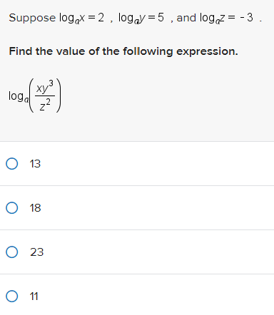 Solved Suppose logax=2,logay=5, and logaz=−3. Find the value | Chegg.com