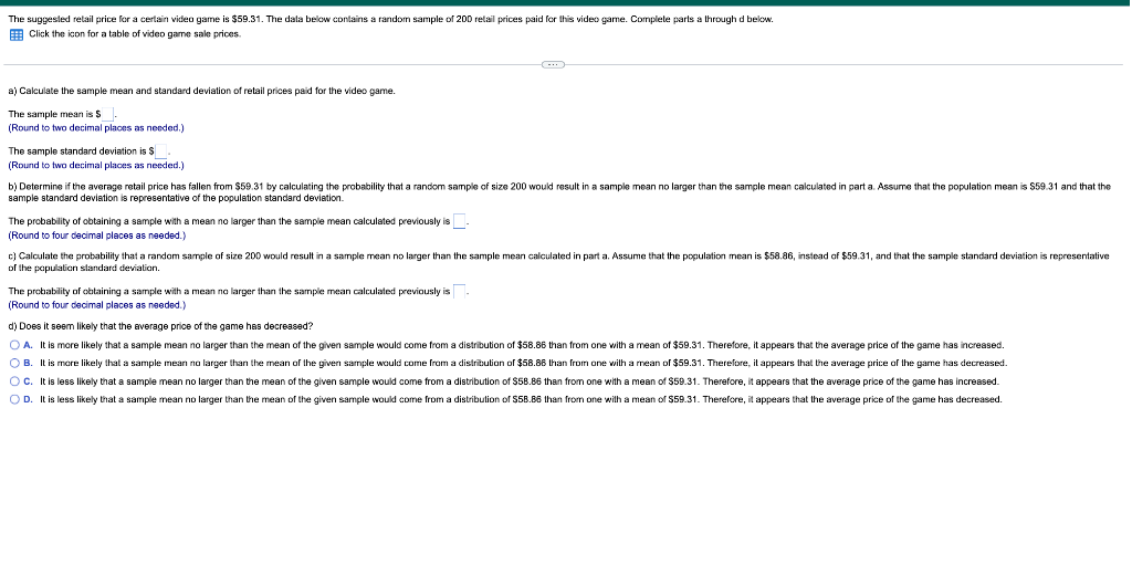Solved Click the ison for a table of vided game sale prices. | Chegg.com